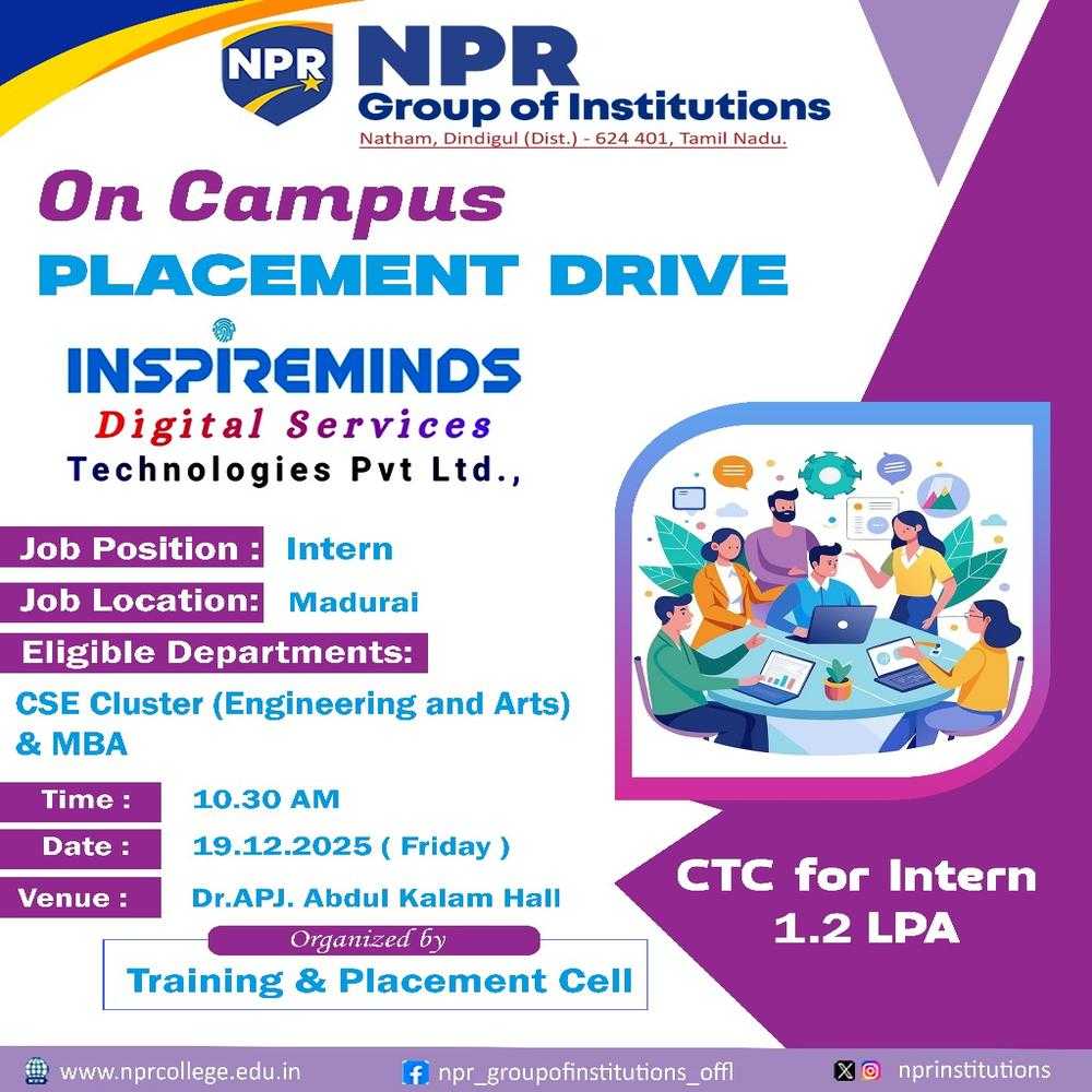 On-Campus Placement Drive - Inspireminds - NPR Arts and Science College